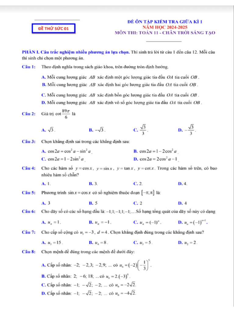 Toán 11 giữa HK2 đề 1 | PDF