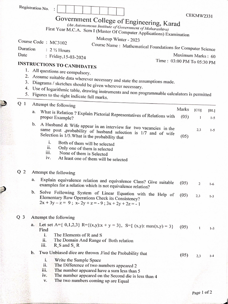 Last Year Question Paper Mca | PDF