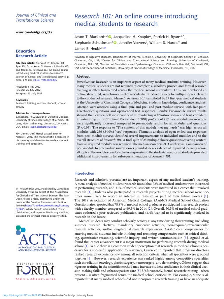 An Online Course Introducing Medical Students To Research Div | PDF | Medical School | Health Care