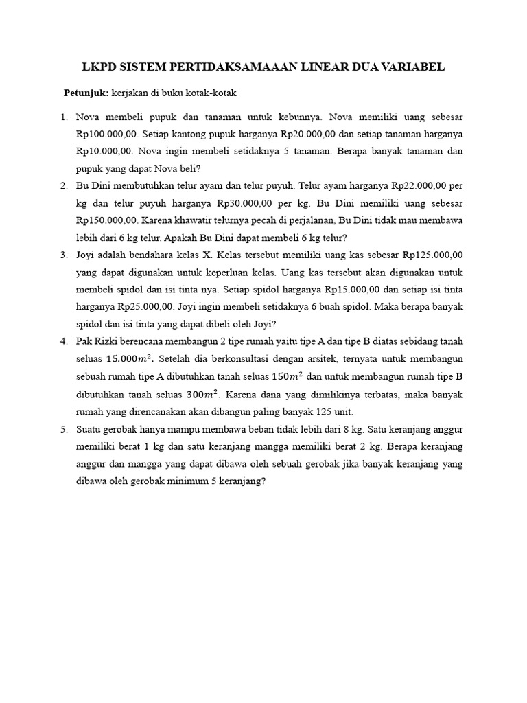 LKPD Sistem Pertidaksamaaan Linear Dua Variabel | PDF | Seni