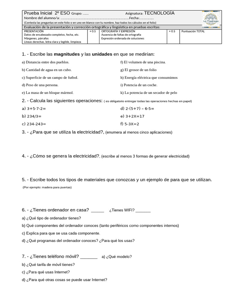 PruebaInicial Tecnología2ºESO | PDF