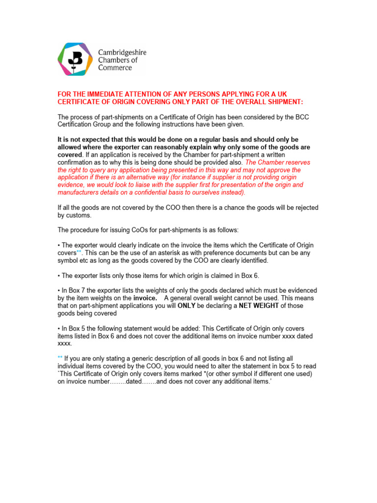 COO Partial Shipment Guidance | PDF | Finance & Money Management