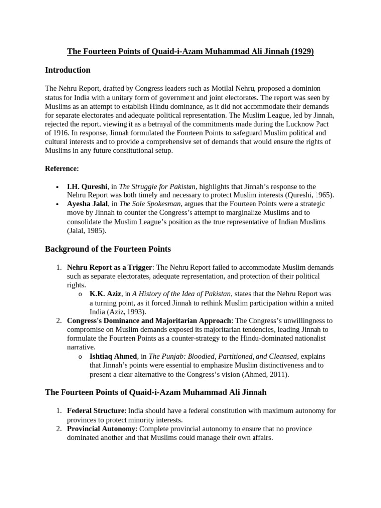The Fourteen Points of Quaid | PDF | Muhammad Ali Jinnah | All India ...