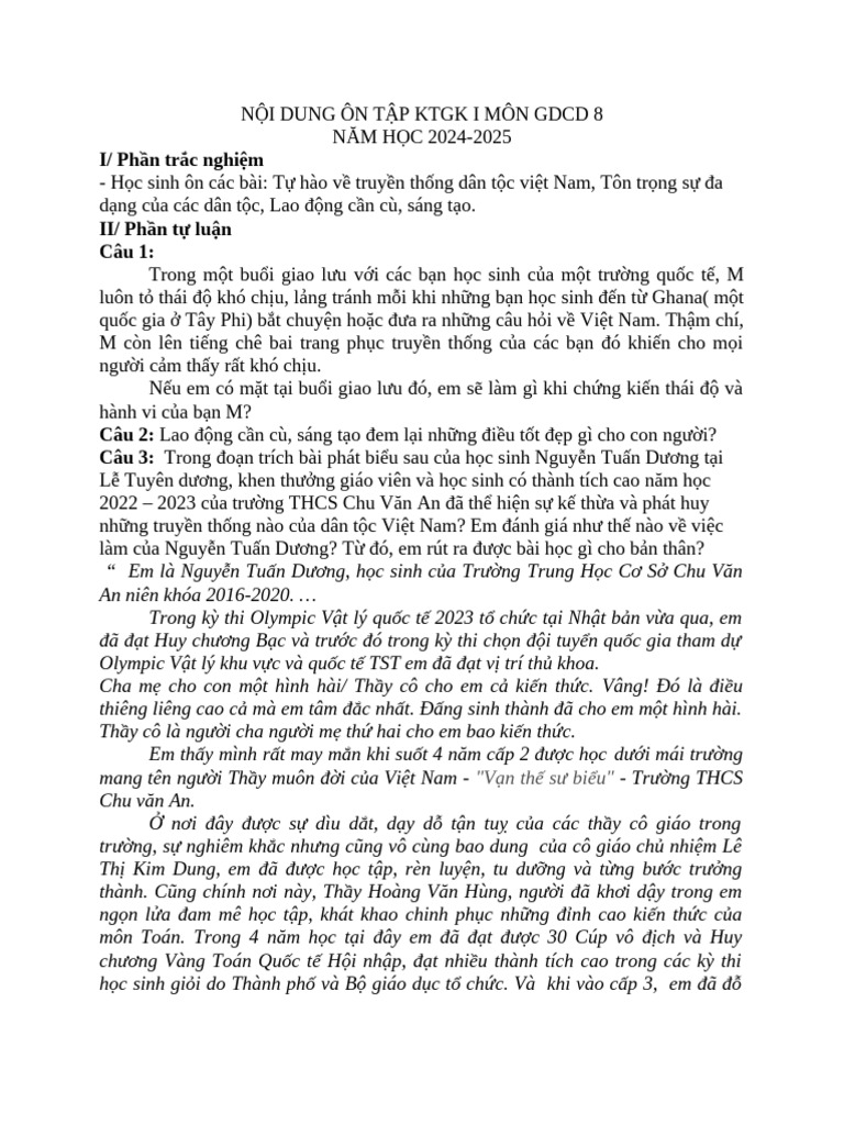 Nội Dung Ôn Tập Ktgk i Môn Gdcd 8 | PDF