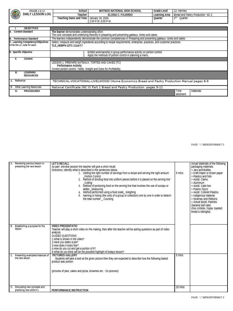 Grade 12 Bread and Pastry Lesson Plan | PDF | Cakes | Teachers