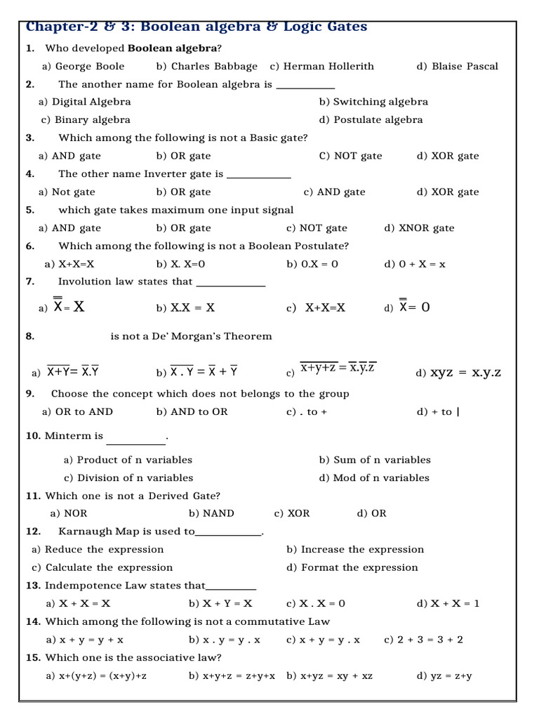 BOOLEAN ALGEBRA MCQ | PDF | Logic Gate | Boolean Algebra BOOLEAN ALGEBRA MCQ | PDF | Logic Gate | Boolean Algebra