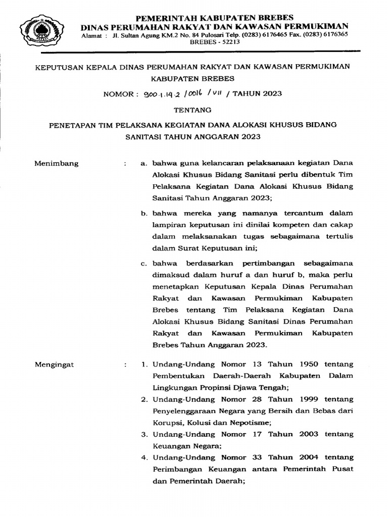 SK Tim Pelaksana DAK Sanitasi 2023 | PDF