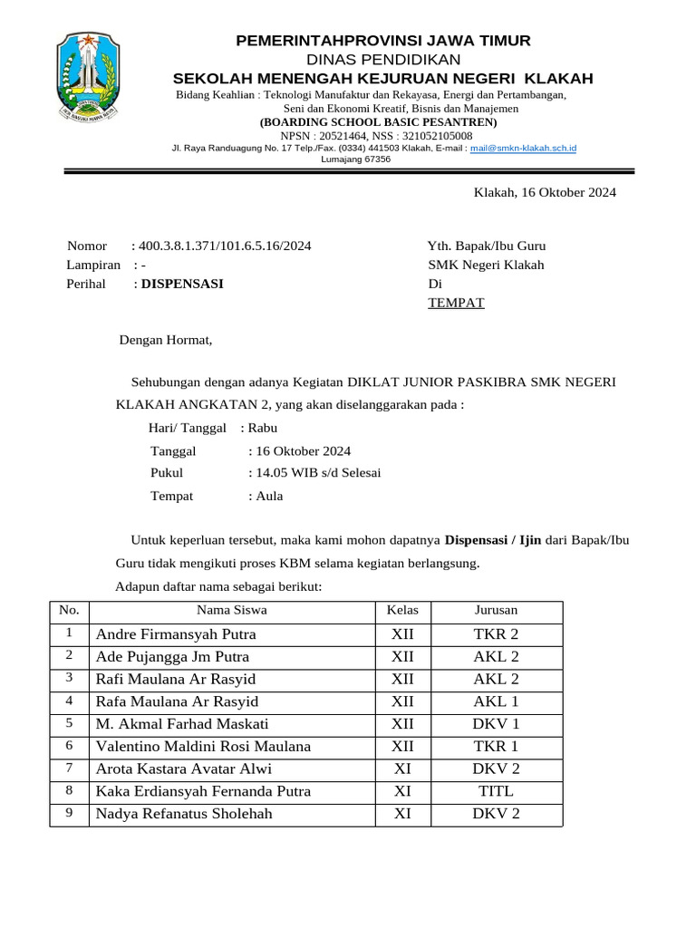 Surat Dispensasi Paskib Senior-2 | PDF