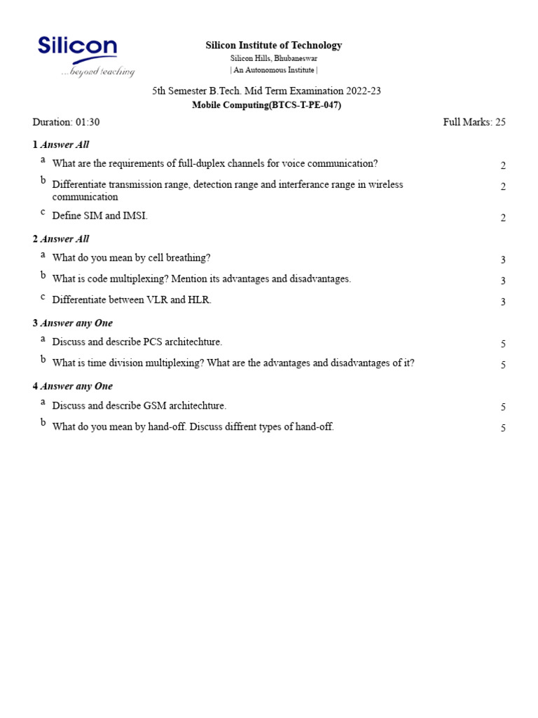 Mobile Computing (BTCS-T-PE-047) - Mid-Term Exam (2022-23) | PDF ...
