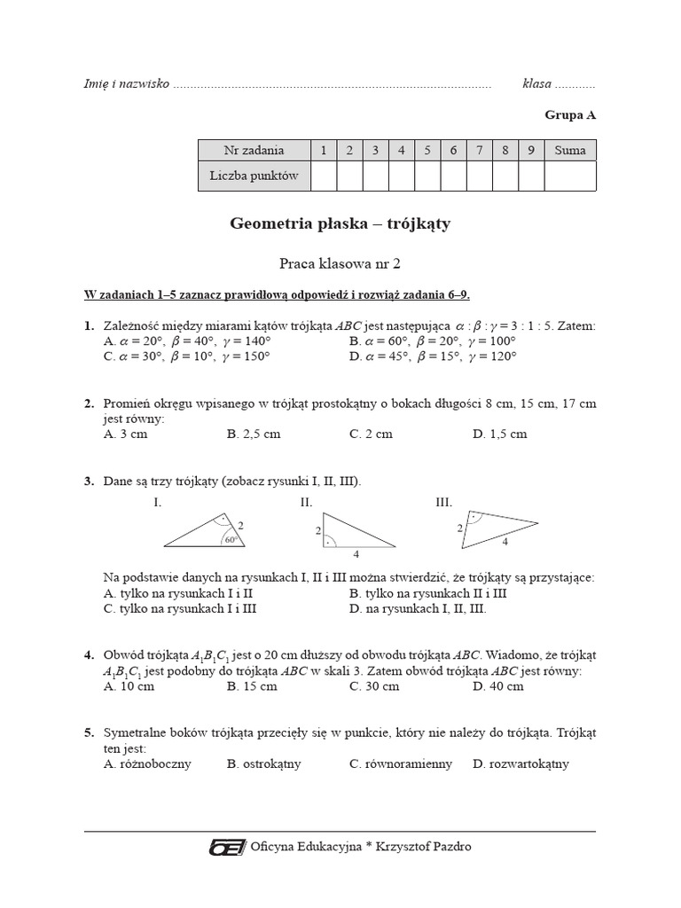 Geometria Plaska Trojkaty Praca Klasowa 2 GR A Wersja PDF | PDF