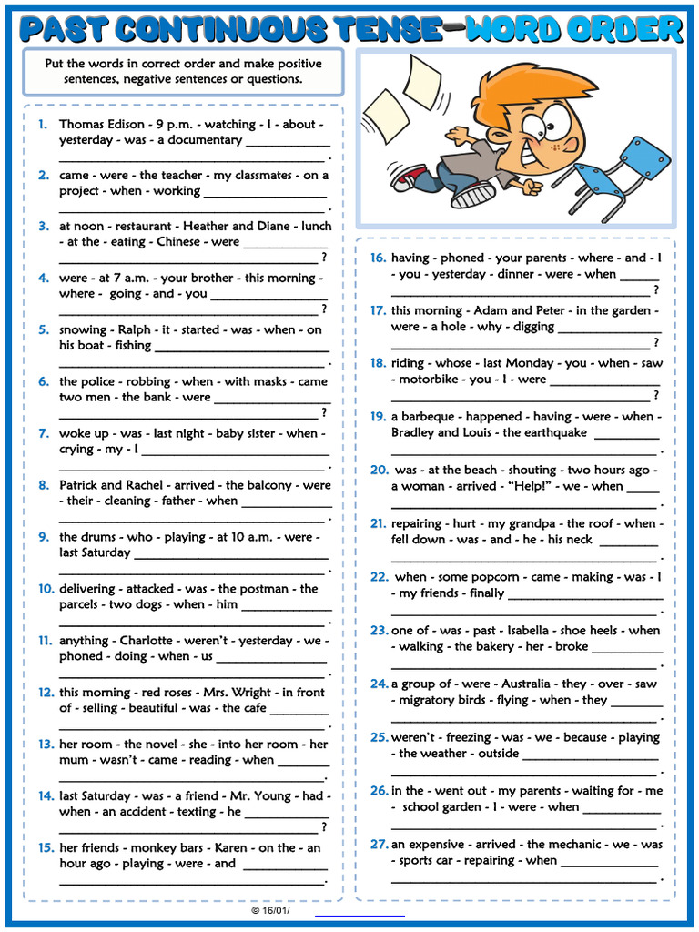 Past Continuous Tense Esl Printable Word Order Exercise Worksheet-1-2-1 ...