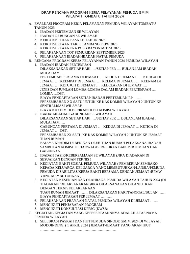 Evaluasi Dan Rencana Program Kerja Pelayanan Pemuda Wilayah Tombatu Tahun 2024 | PDF