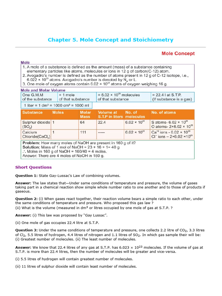 Mole Concept and Stoichiometry Explained | PDF | Gases | Mole (Unit)
