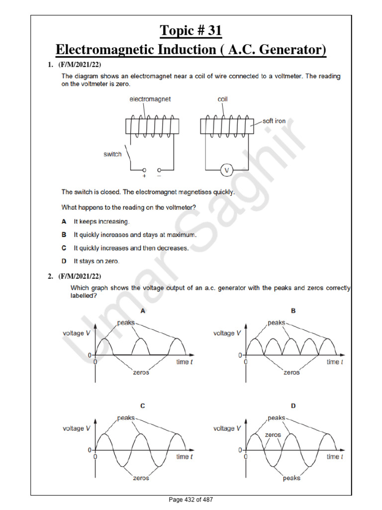 mcq work sheet AC generator | PDF