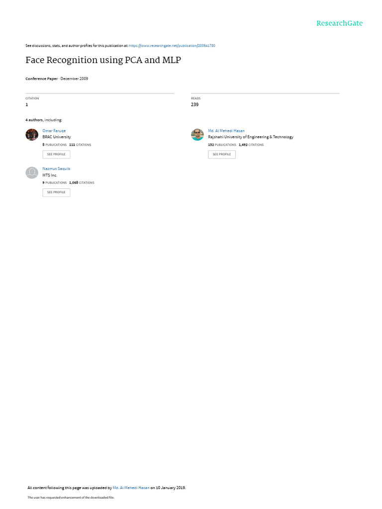 Face Recognition Using PCA and MLP: December 2009 | PDF | Principal Component Analysis | Algebra