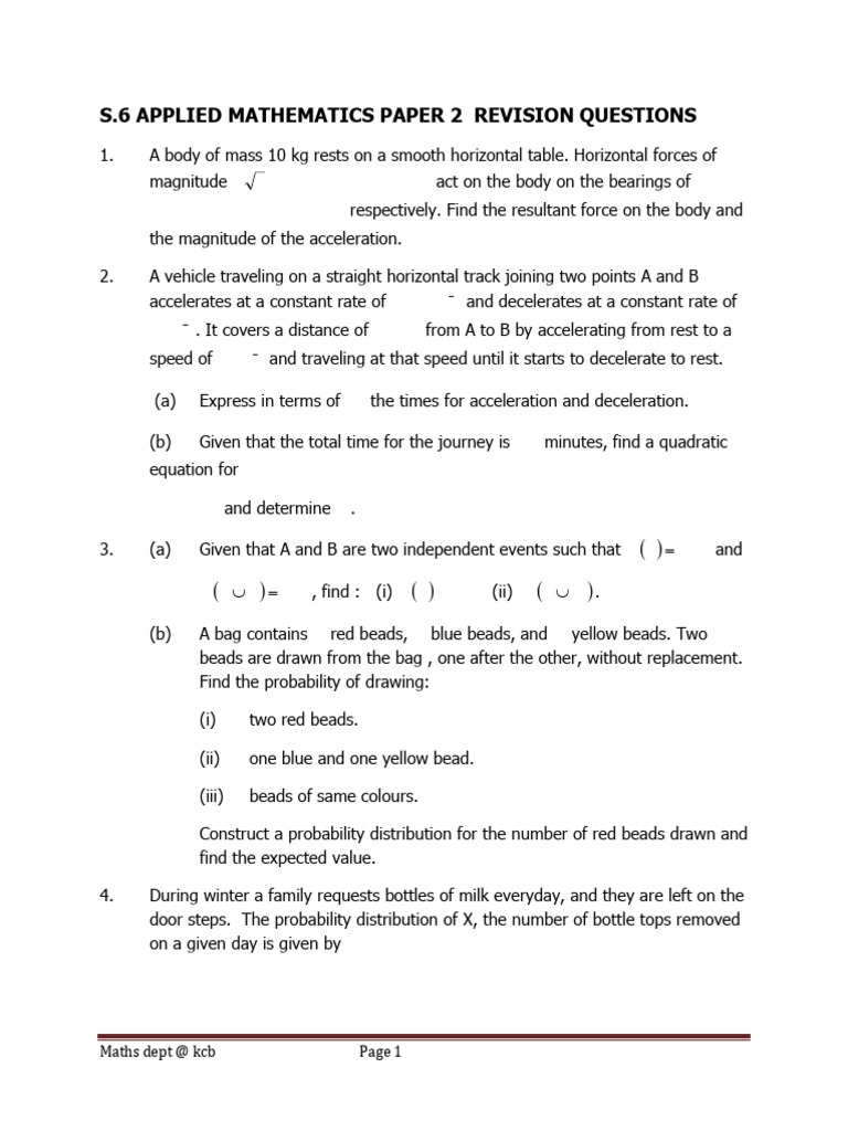 S6 Applied Mathematics Paper 2 Revision Questions | PDF | Acceleration ...