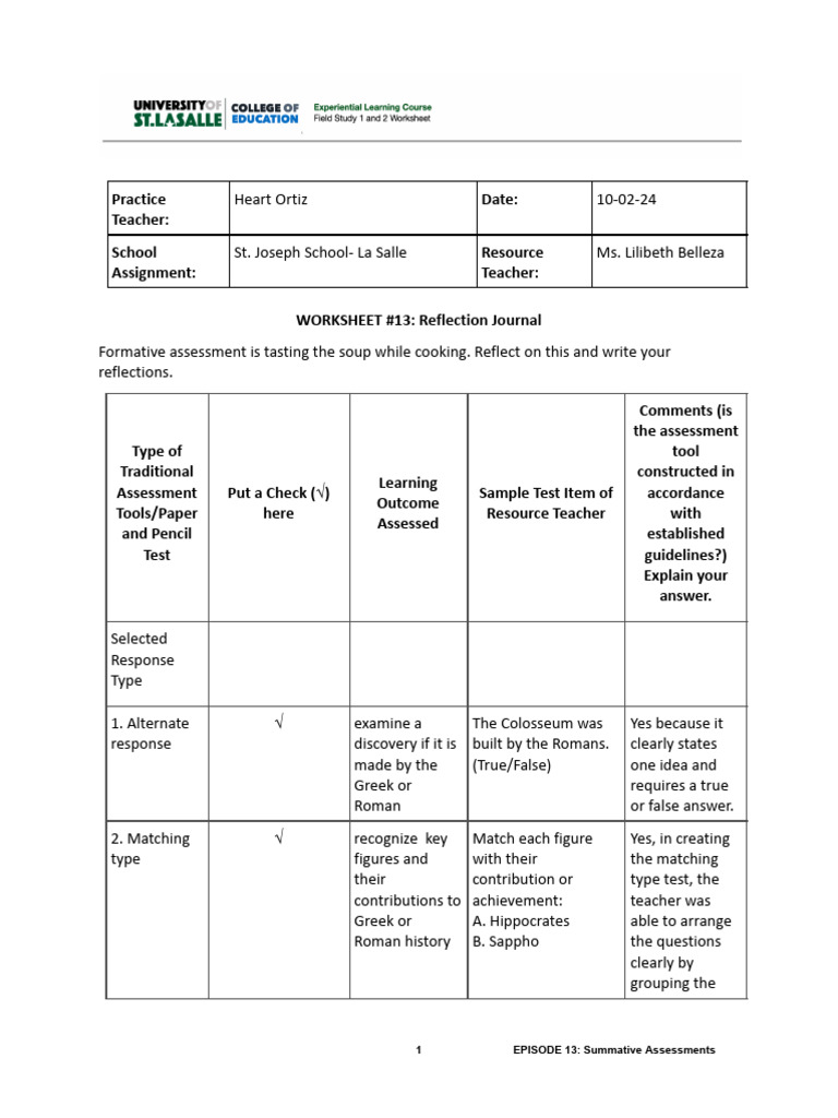 FS1 Worksheet13-1 | PDF | Educational Assessment | Rubric (Academic)