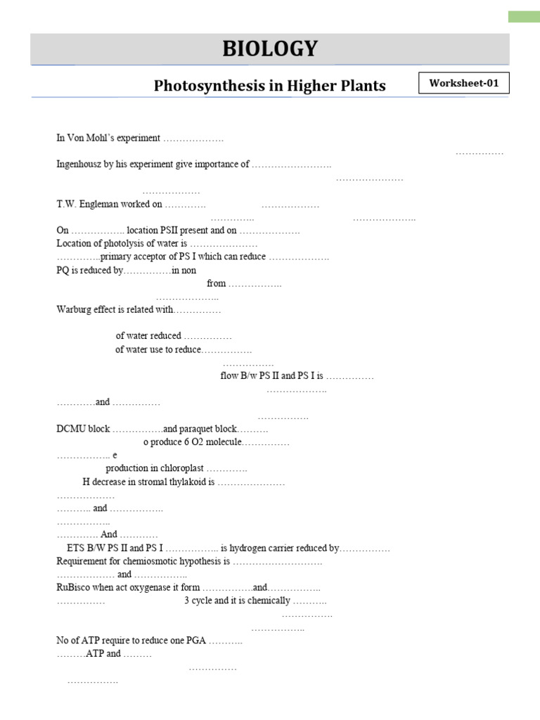 Worksheet_01_Photosynthesis in Higher Plants_Botany | PDF | Chloroplast ...