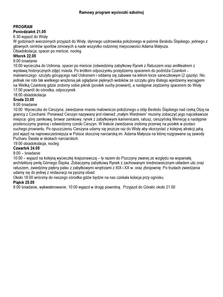 Ramowy Program Wycieczki Szkolnej | PDF