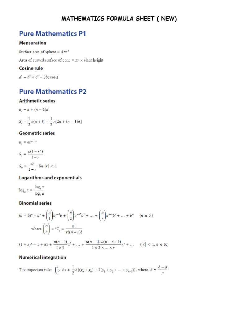 Mathematics Formula Sheet New Short (7) - 240819 - 204602 | PDF