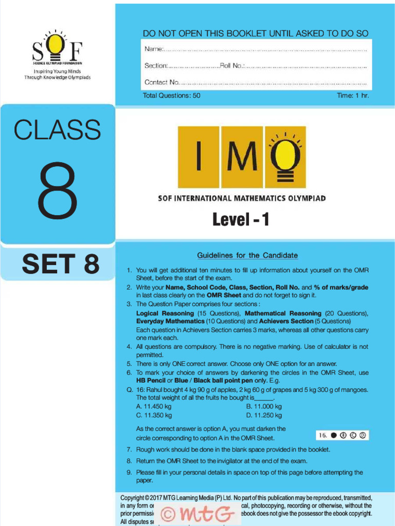 Imo Level1 Class 8 Set 8 | PDF