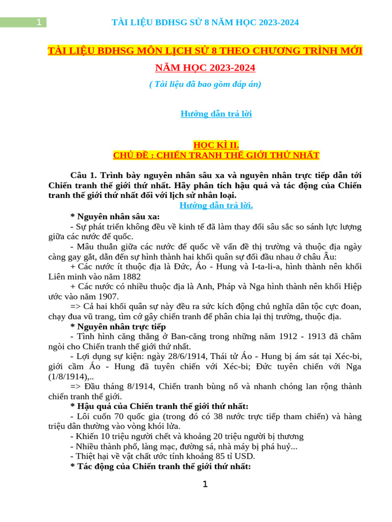 TÀI LIỆU BDHSG SỬ 8 - 2023-2024 Ctrinh Mới | PDF