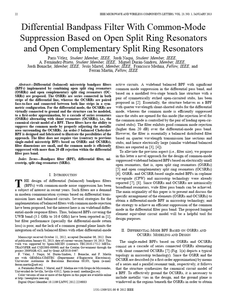 Differential Bandpass Filter With Common-Mode Suppression Based On Open Split Ring Resonators ...