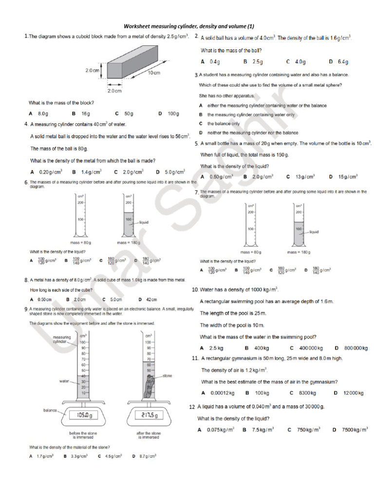 Worksheet measuring cylinder, density and volume (1)-1-merged-3 | PDF ...