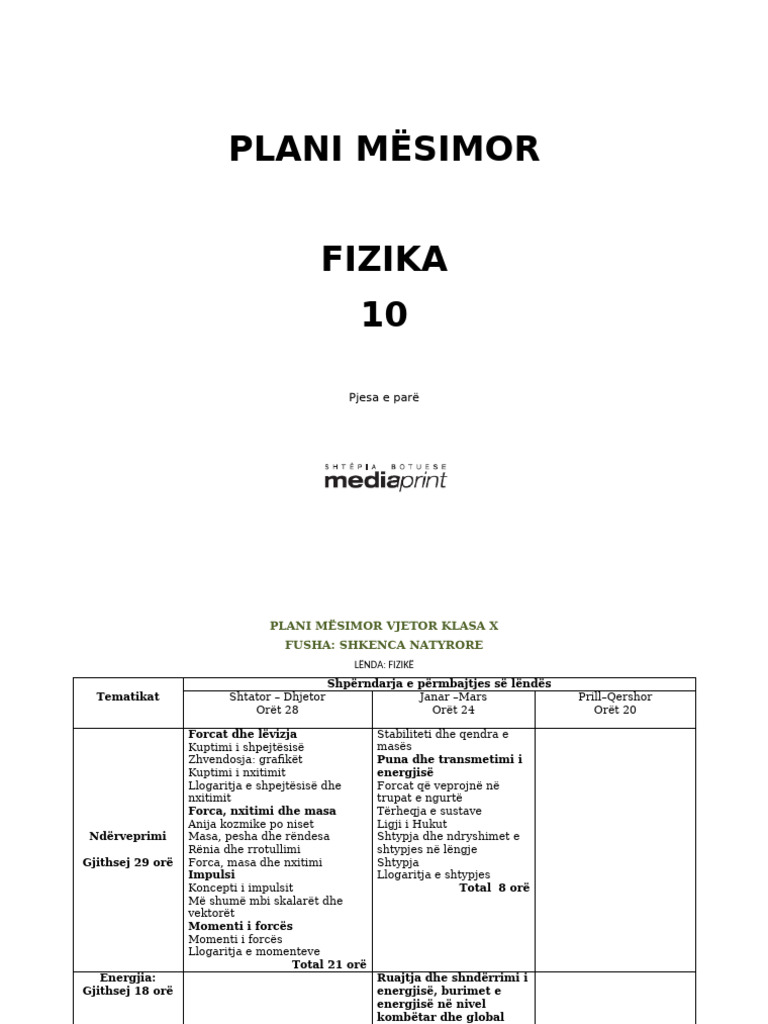Fizika 10 Plane Mesimore | PDF