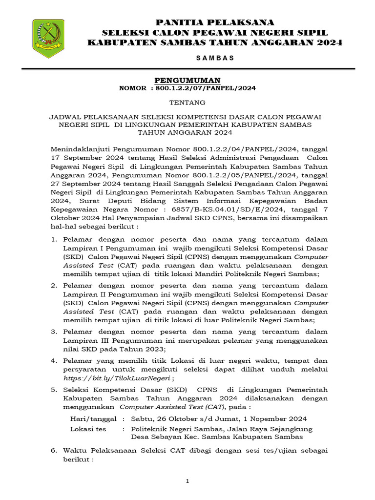 Pengumuman Pelaksanaan SKD 2024 | PDF