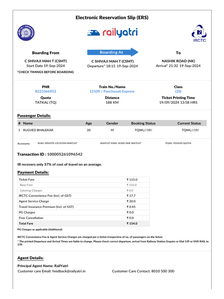 Kolhapur to Tirupati Train Ticket Info | PDF | Identity Document