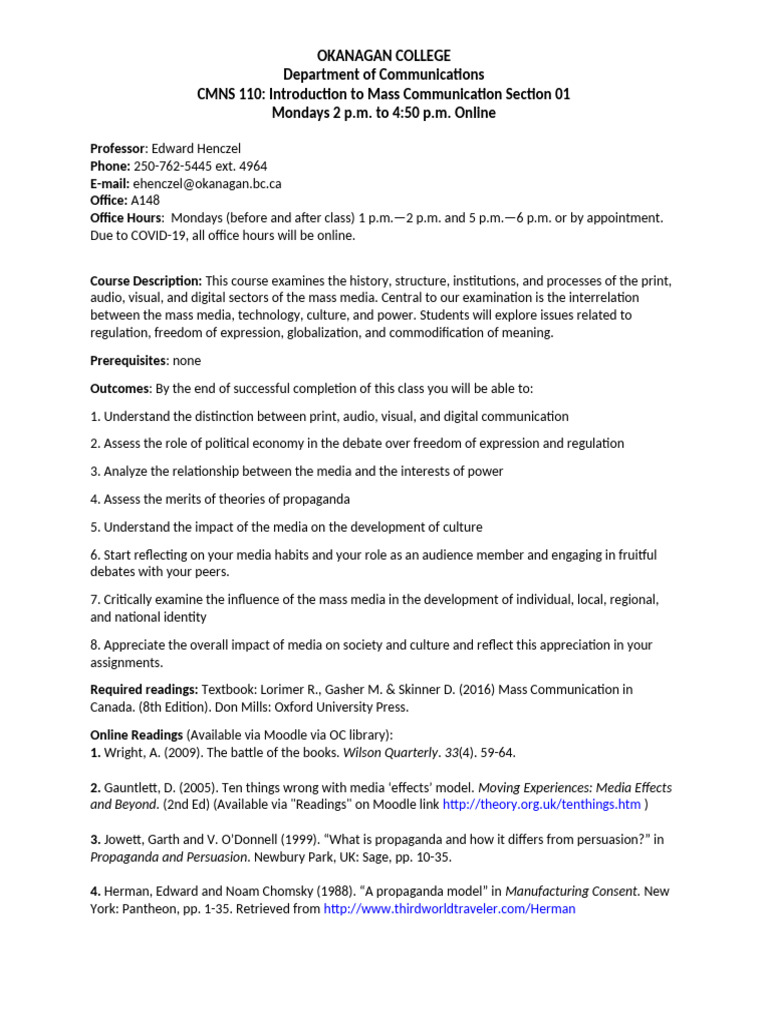 Cmns 110-01 Henczel Fall 2020 Ver2 | PDF | Propaganda | Communication