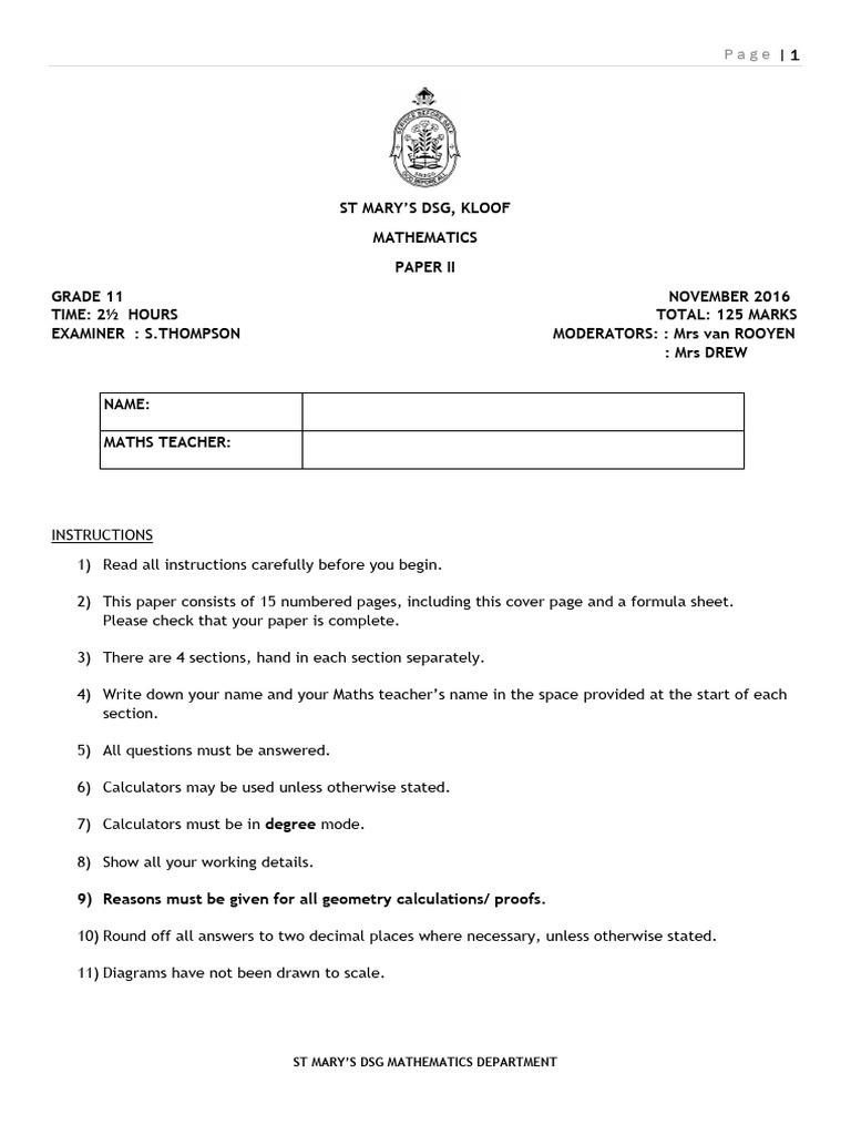 2016 IEB Grade 11 Paper 2 Nov QP | PDF | Circle | Elementary Geometry