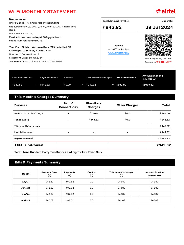Airtel Wi-Fi Monthly Statement July 2024 | PDF | Cheque | Credit Card