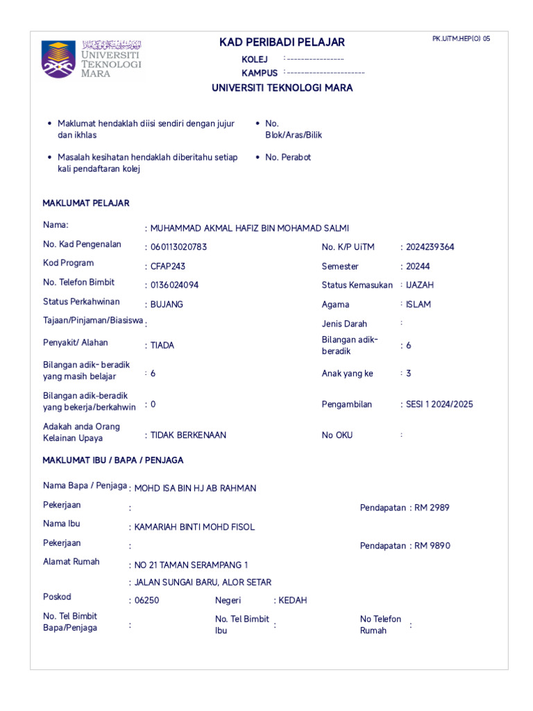 Borang Pengesahan Kolej | PDF
