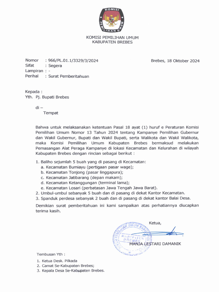 966 - Surat Pemberitahuan Pemasangan Alat Peraga Kampanye Kab - Brebes ...