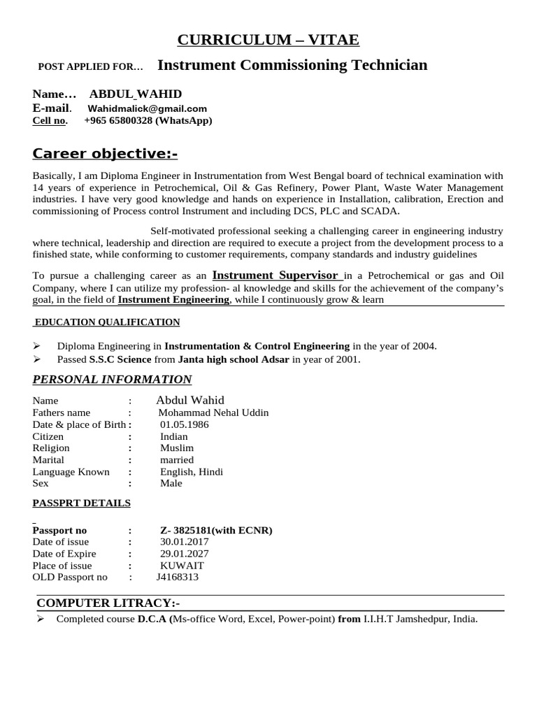 Wahid-Instrument Technician | PDF | Instrumentation | Programmable Logic Controller