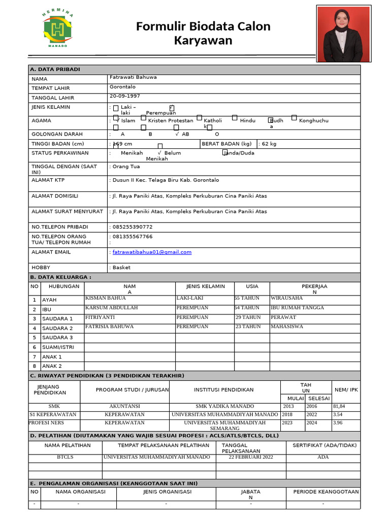 Form Biodata Calon Karyawan RS Hermina Manado | PDF