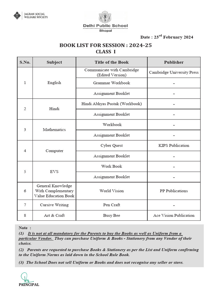 DPS Bhopal Book List 2024 25 Classes I To XII | PDF | Textbook