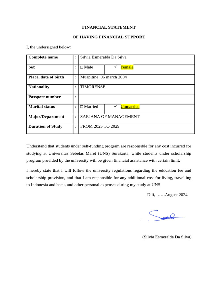 Financial Statement for Study Support | PDF
