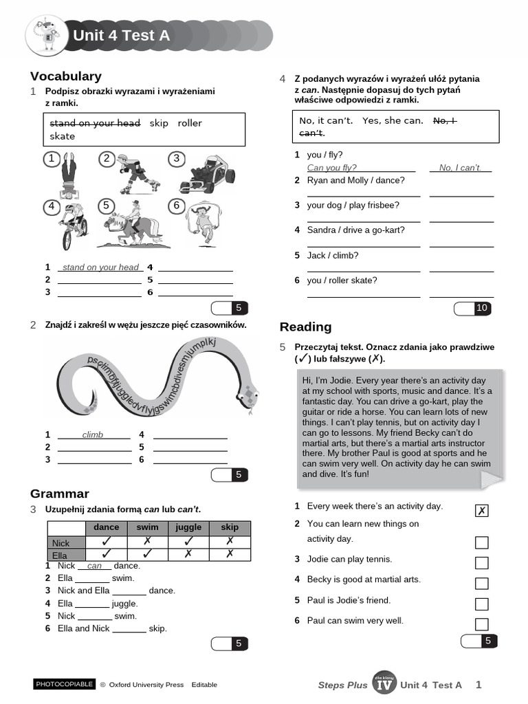Test Unit 4a English Steps Plus | PDF
