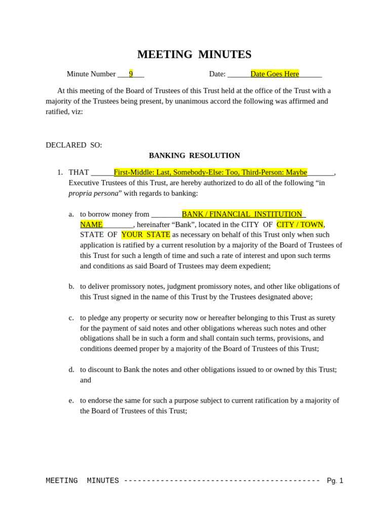 Trust Banking Resolution Meeting Minutes | PDF | Legal Documents ...