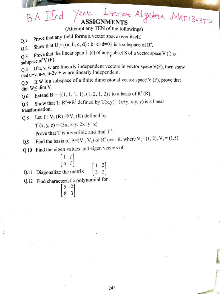 BA III Maths Assignments(2) (1) | PDF | Linear Subspace | Vector Space