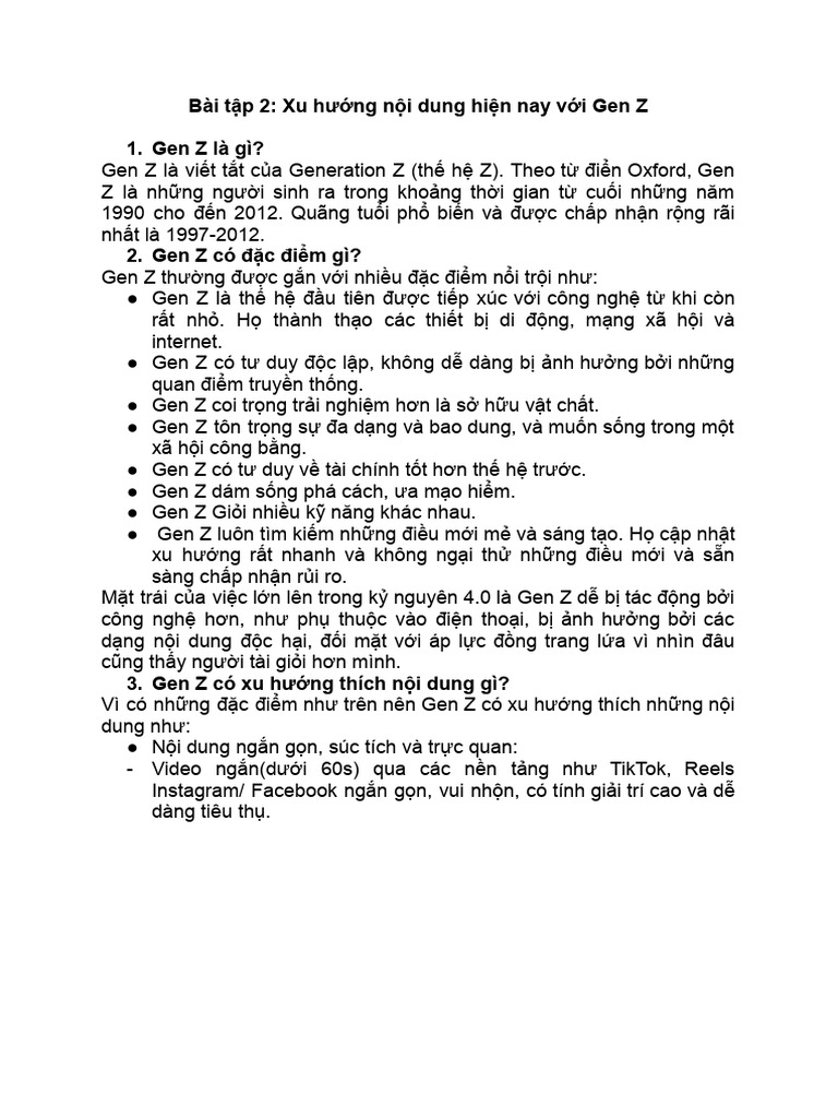 Bài Tập 2 - Xu Hướng Nội Dung Hiện Nay Với Gen Z | PDF