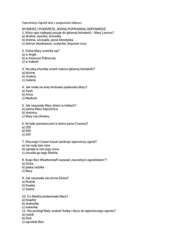 Tajemniczy Ogród Test Z Znajomości Lektury | PDF