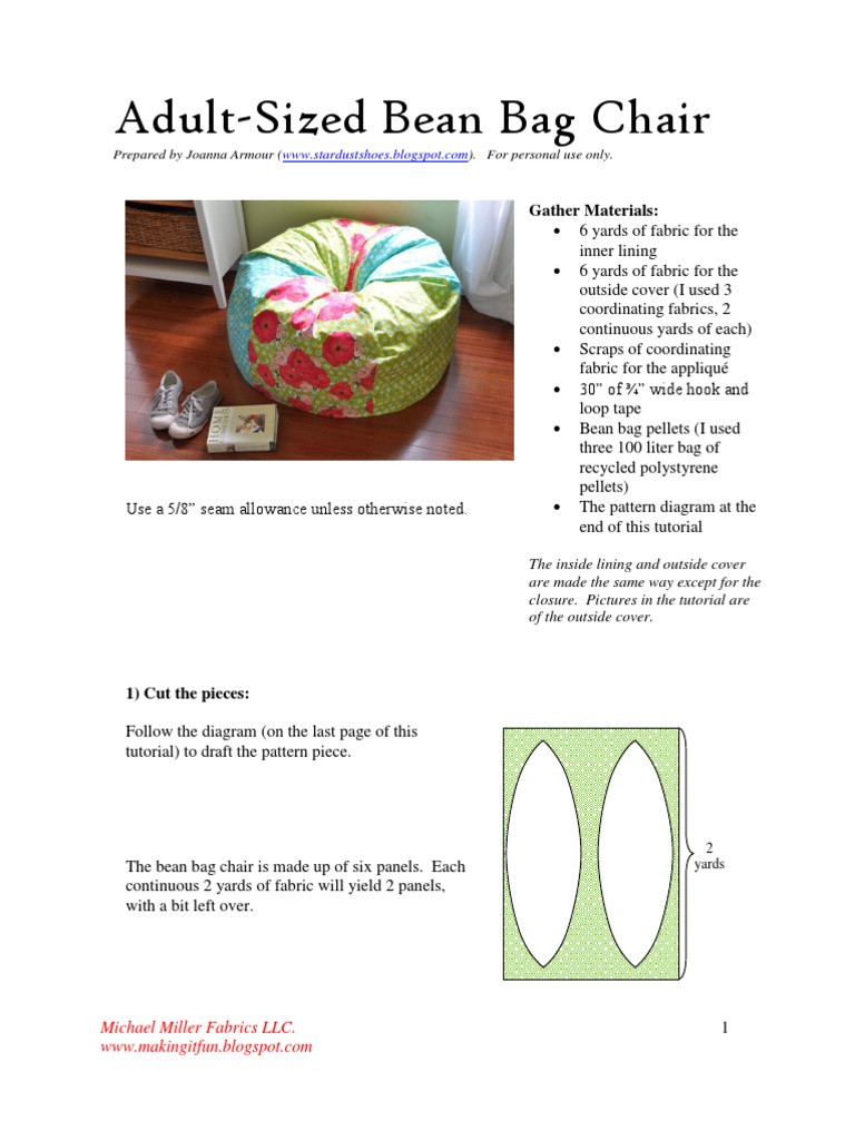 Adult Bean Bag Chair Sewing Pattern | PDF | Seam (Sewing) | Sewing