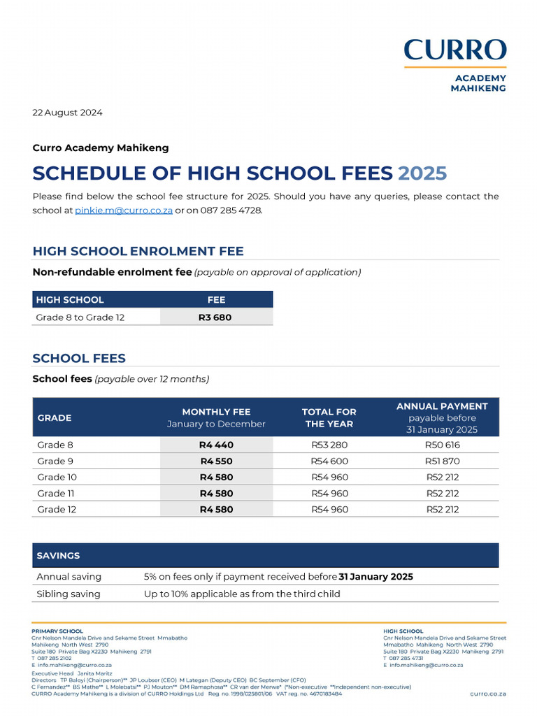 Curro Academy Mahikeng 2025 High School Fee Letter Final For Web | PDF ...