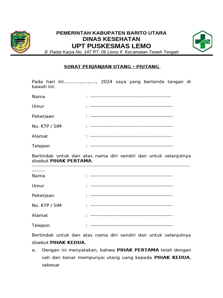 Surat Perjanjian Utang-Piutang 2024 | PDF