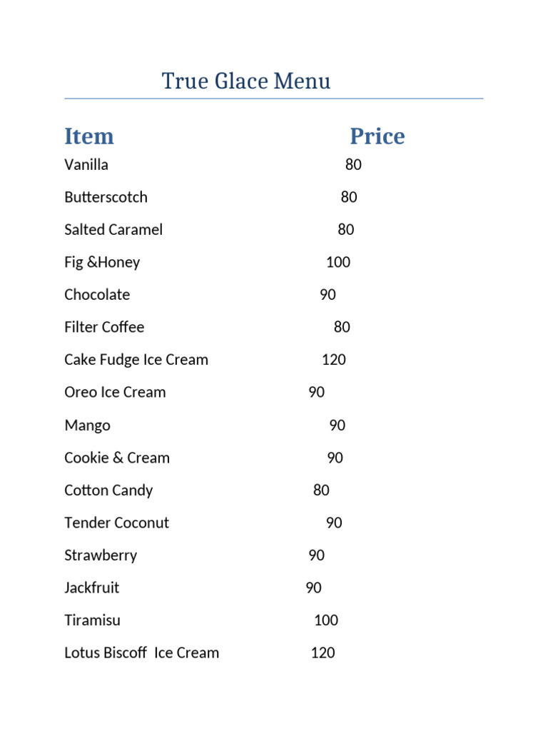 True Glace Menu | PDF