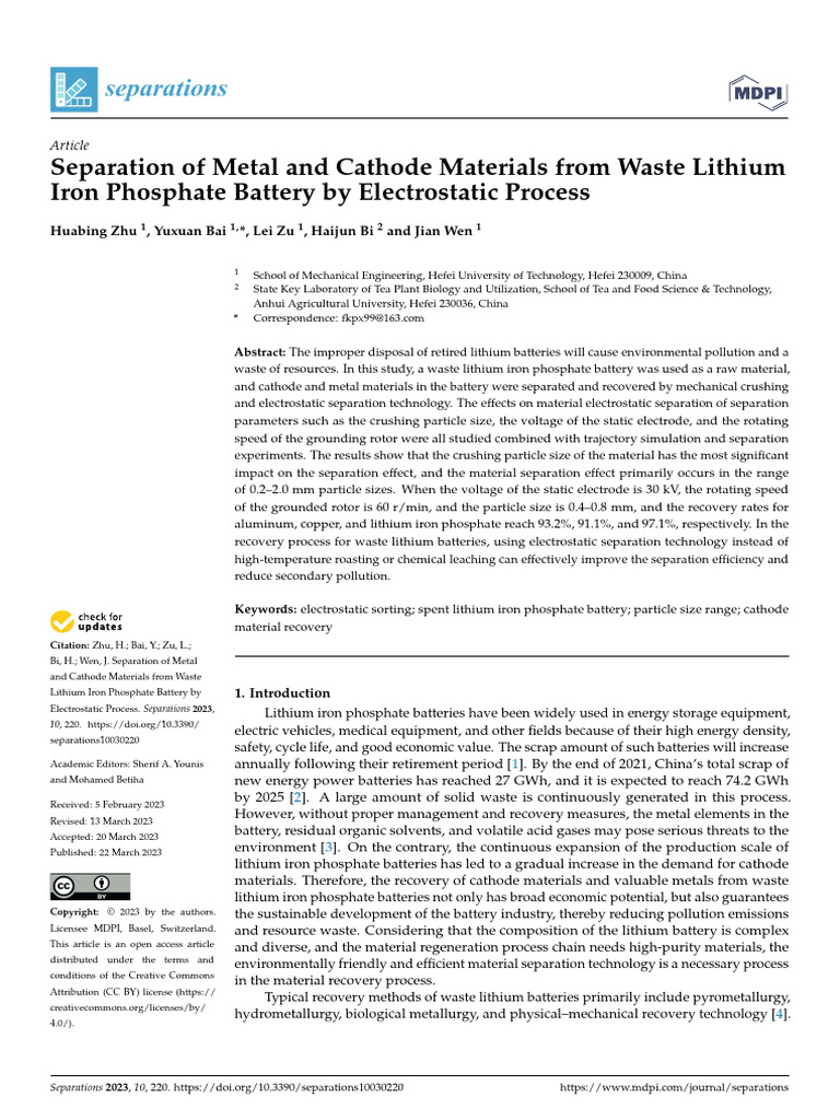 Separation of Metal and Cathode Materials From Waste Lithium Iron Phosphate Battery by ...